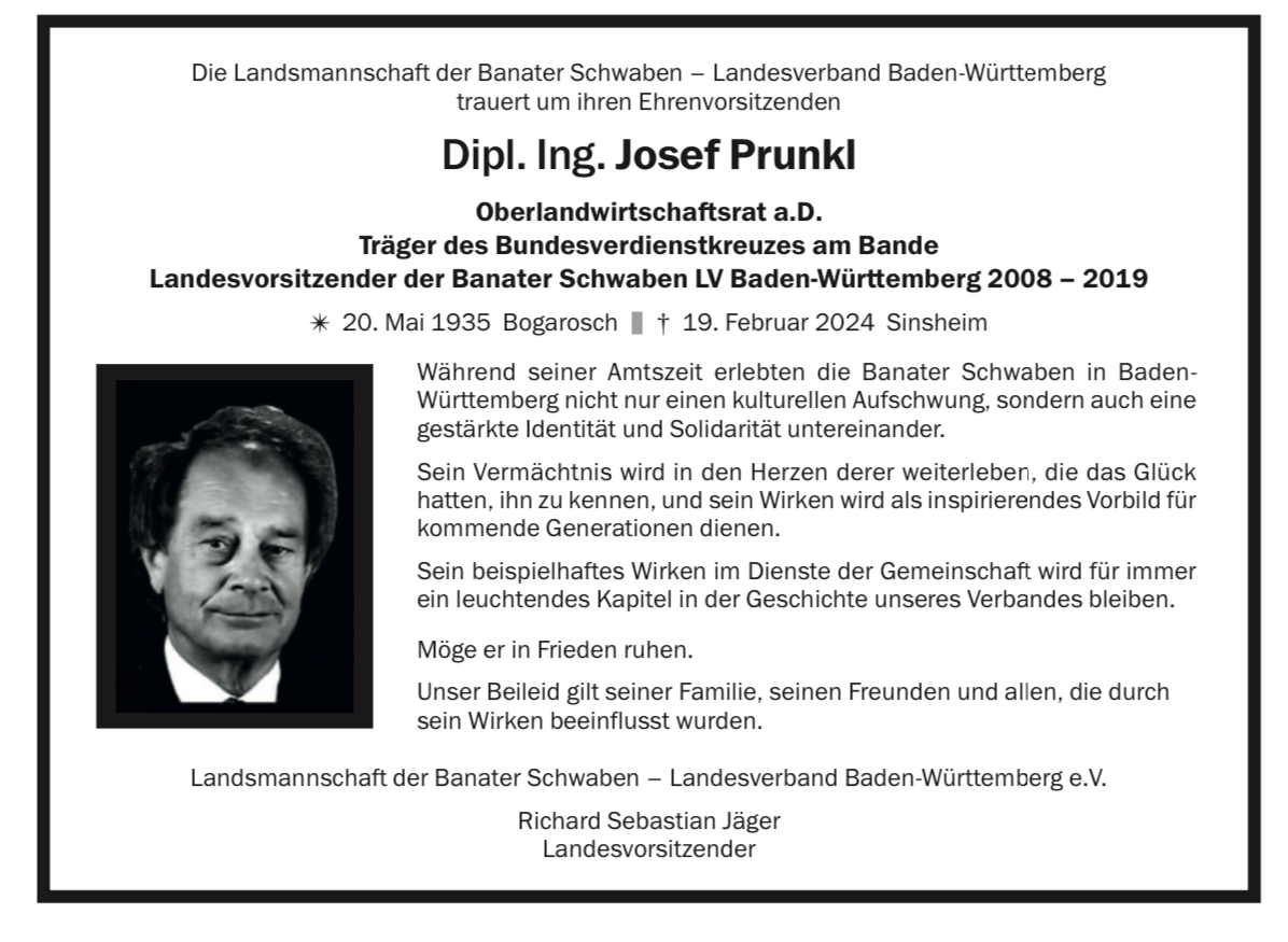 Trauer um Ehrenvorsitzender Josef Prunkl – Landsmannschaft der Banater ...
